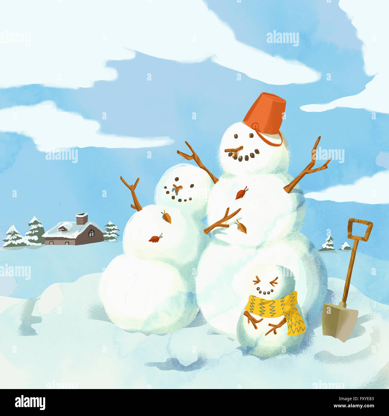 Family of three snowmen in winter Stock Photo - Alamy