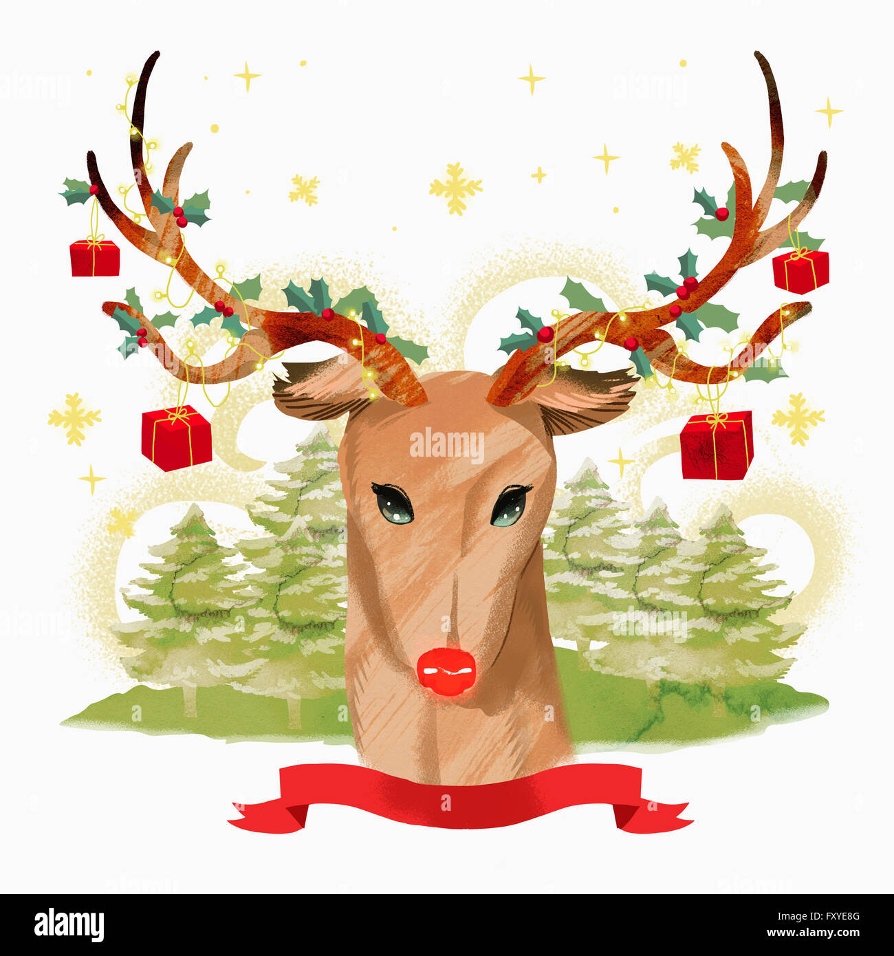 Deer with Christmas decorations on its horns in winter Stock Photo - Alamy