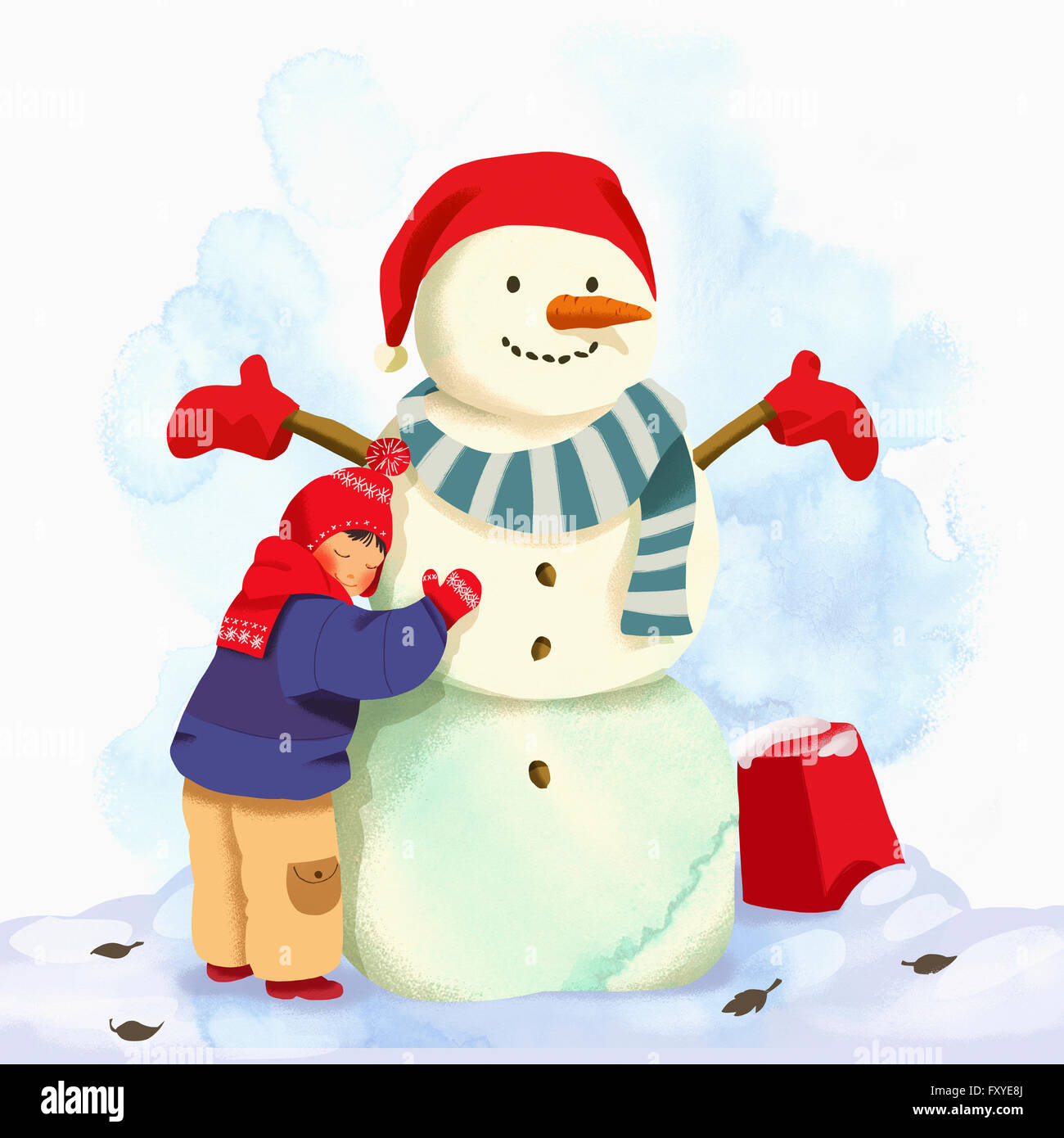 Boy hugging a snowman in winter Stock Photo - Alamy