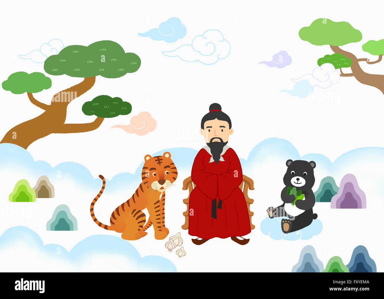 Dangun, legendary founding father of Gojoseon with tiger and bear Stock ...