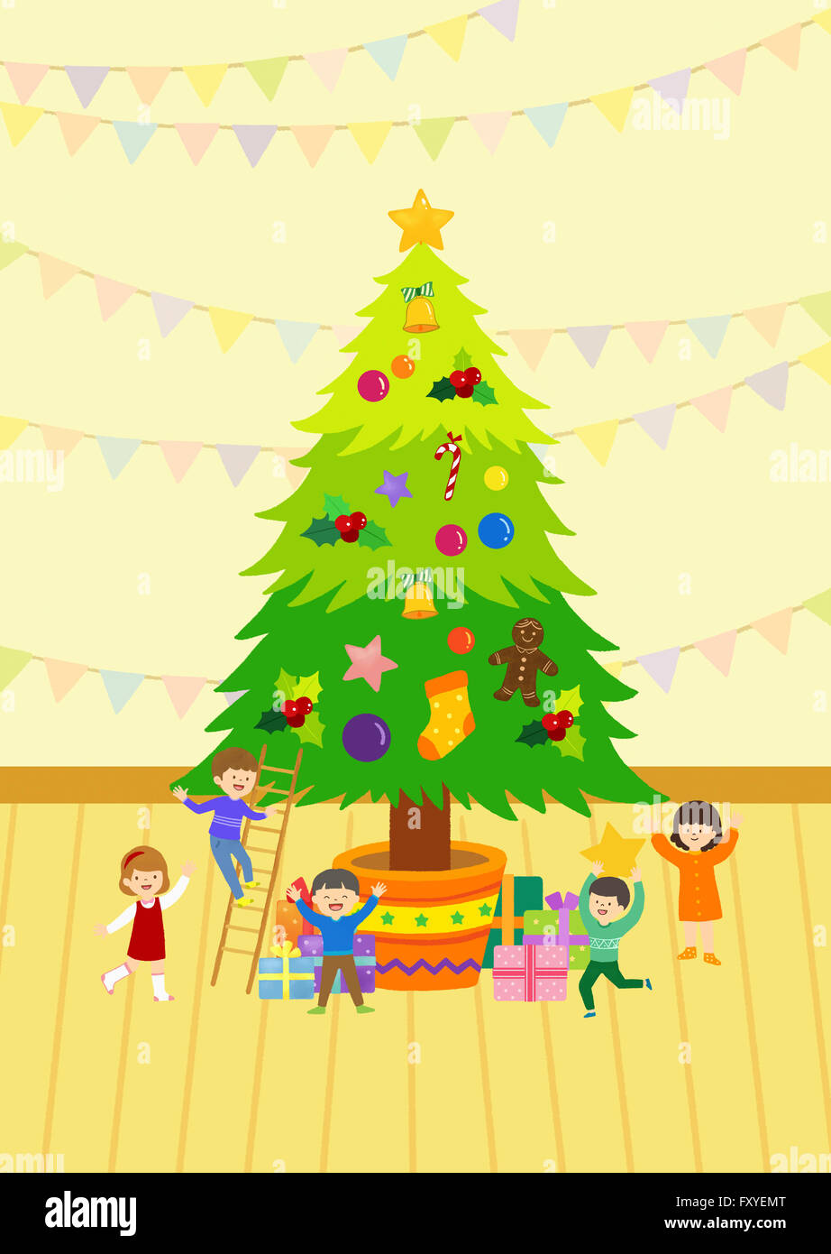 Background of Christmas with happy children and Christmas tree Stock ...