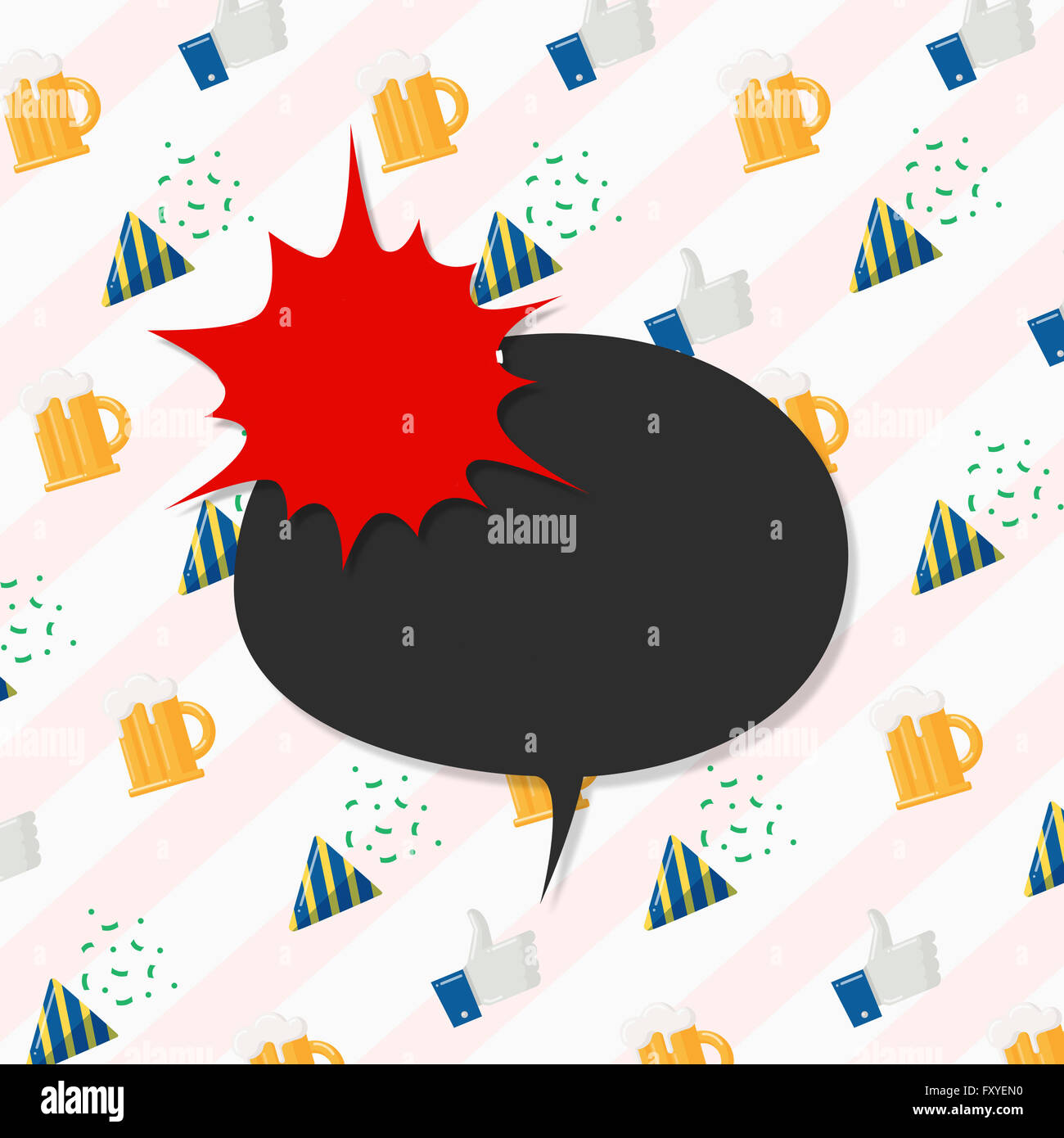 Exploding bomb and speech balloon with patterns of drift beer glasses ...