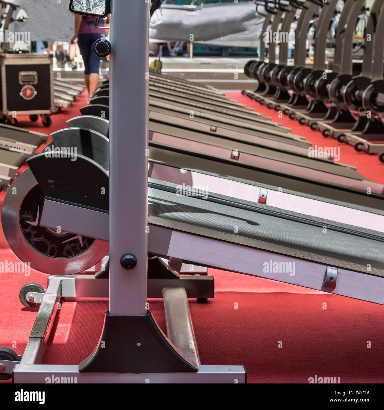 Group of Modern Treadmill with Steel Wheels in Line in Fitness Centre ...