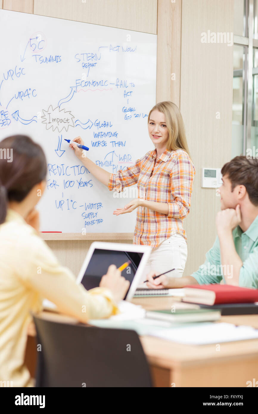 International student in college giving a lecture in front of her ...