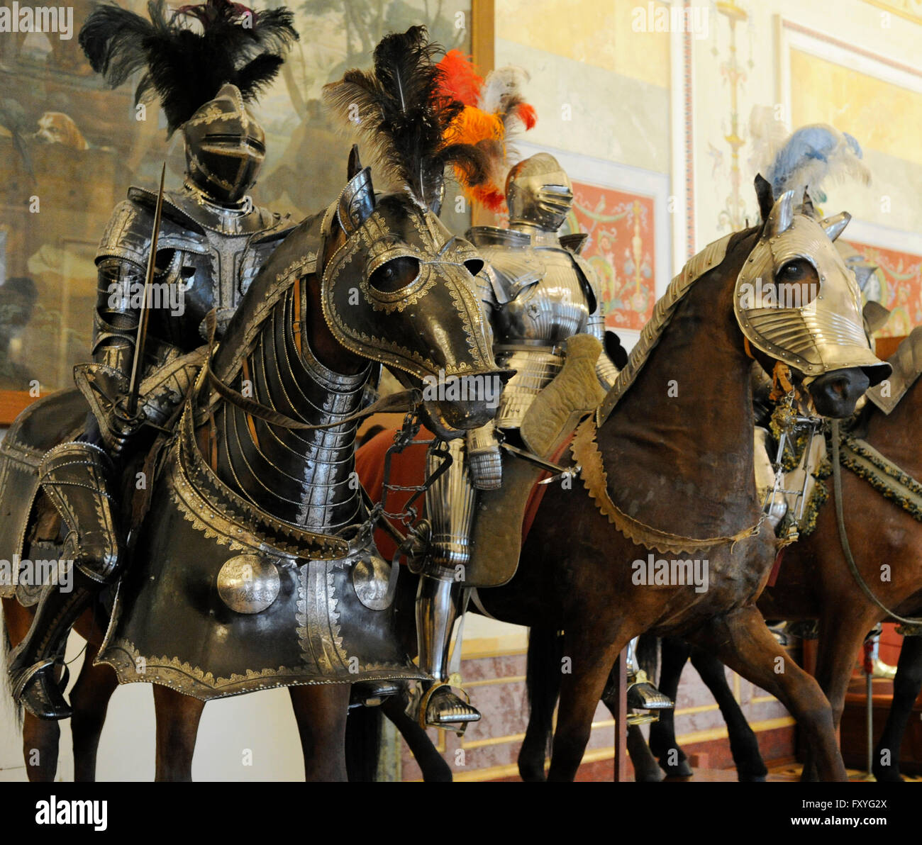 The State Hermitage Museum. The Knights' Hall. Knights in armor on ...
