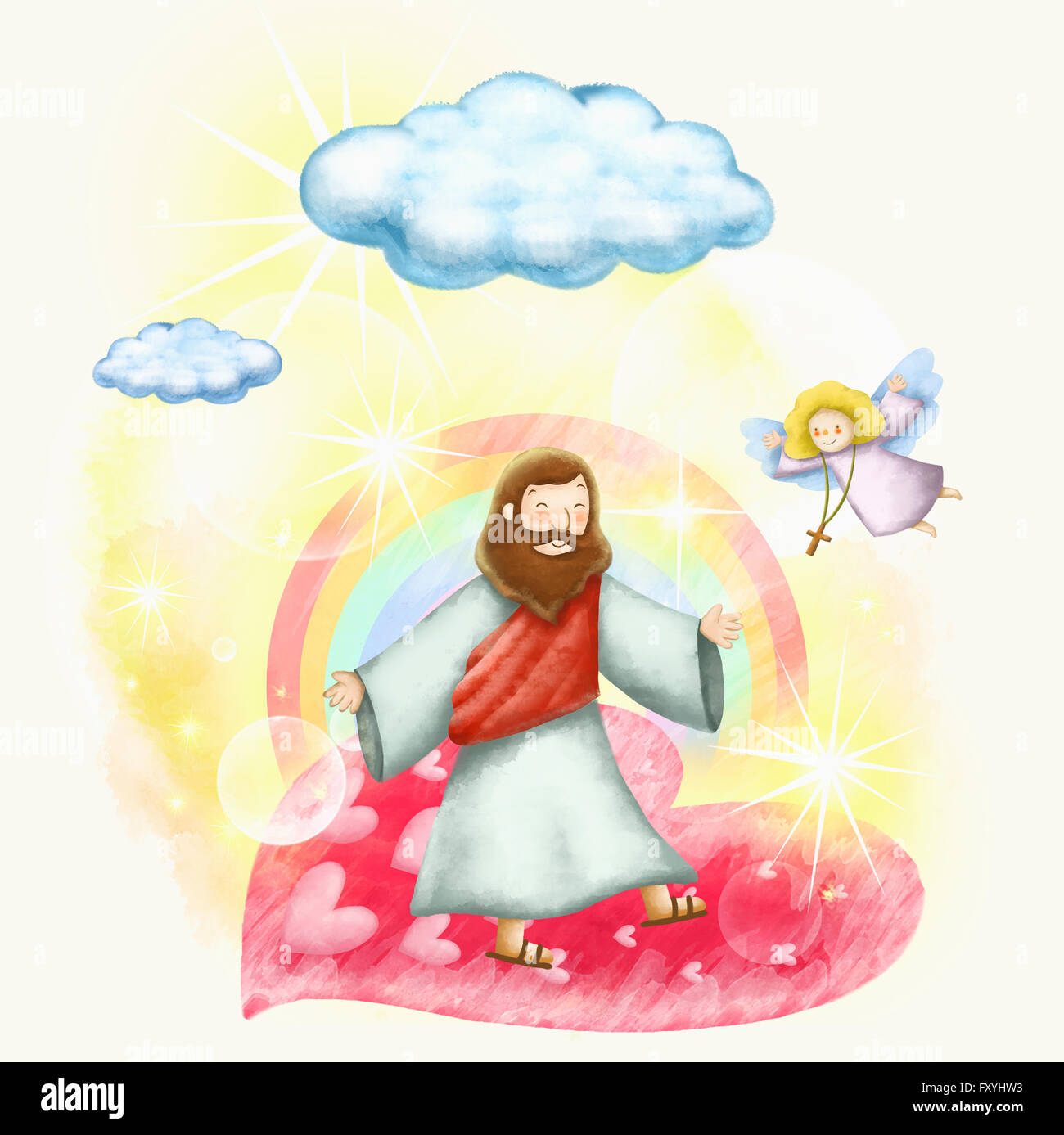 Jesus with rainbow and angel Stock Photo - Alamy