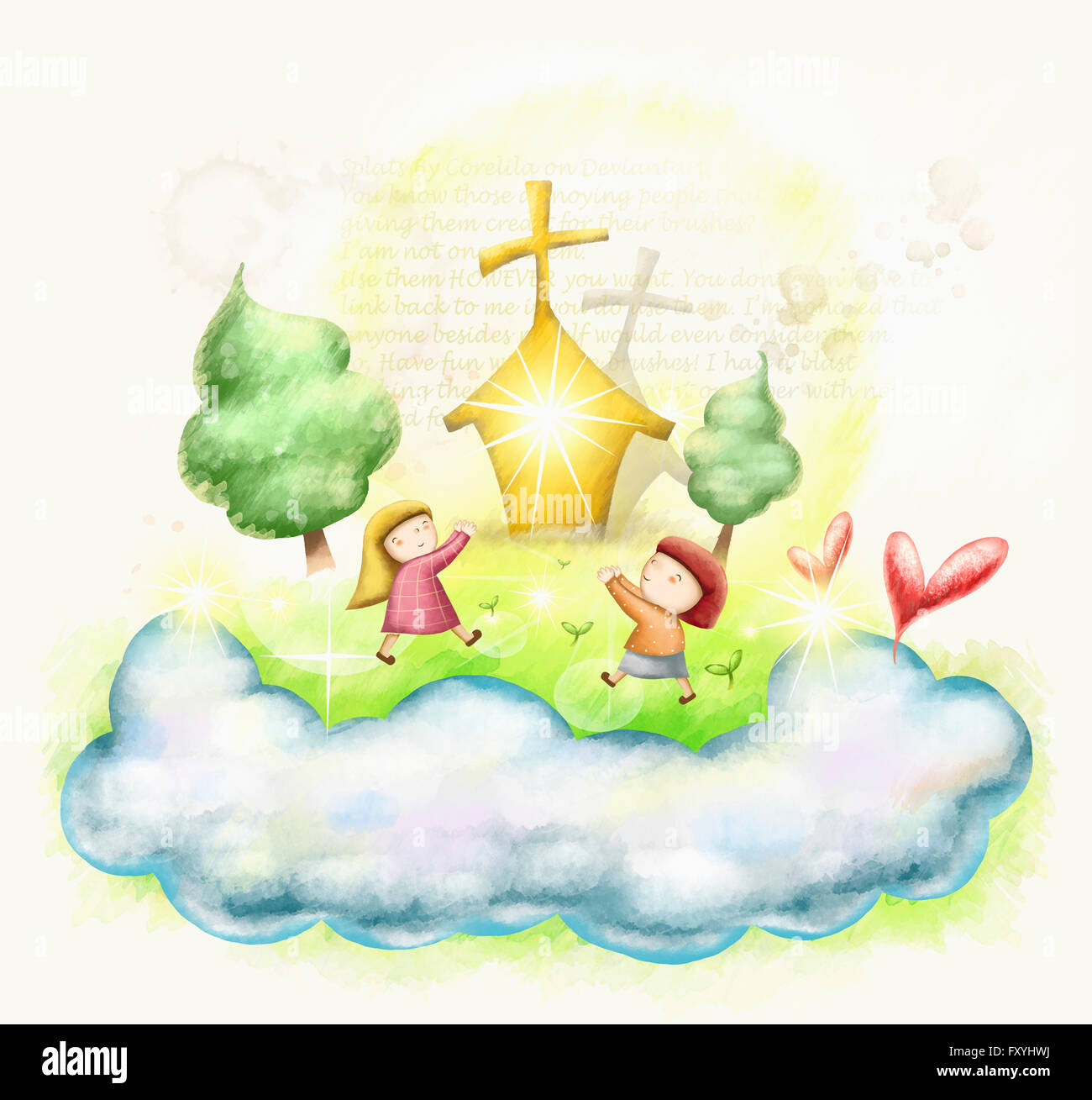 Christianity with children and a church Stock Photo - Alamy