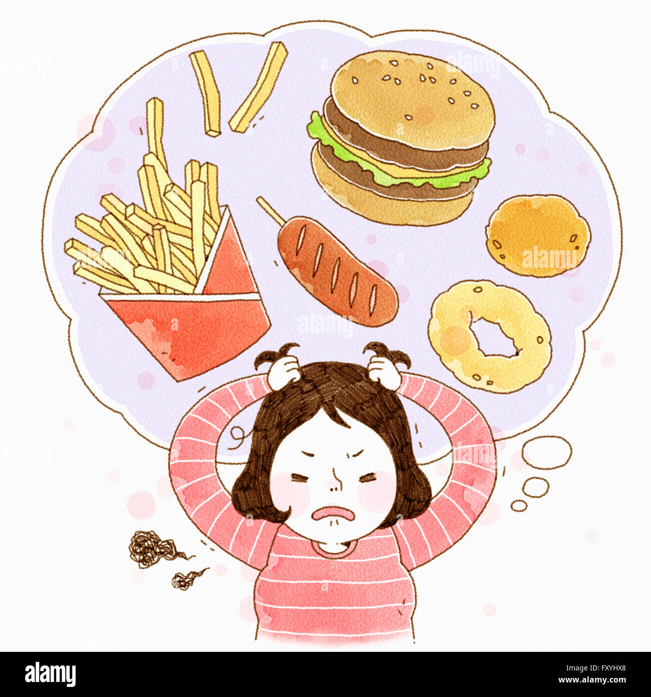 Stressful woman with temptation of instant food Stock Photo - Alamy