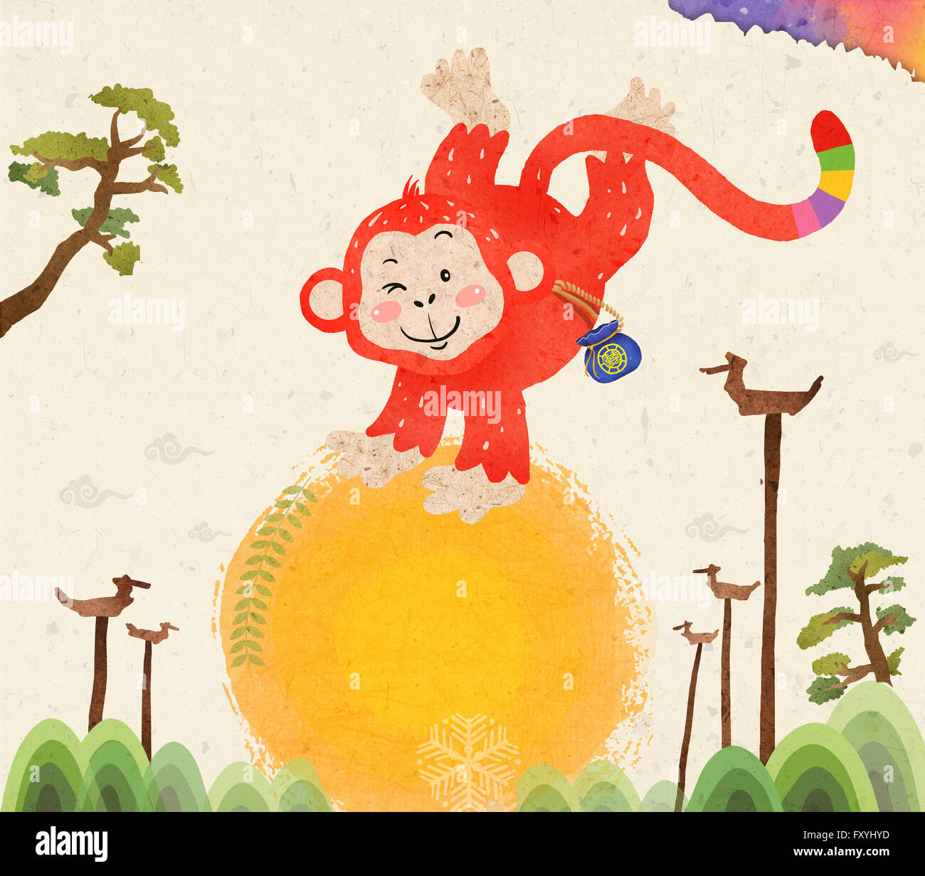 Background of new year with monkey and the sun Stock Photo - Alamy