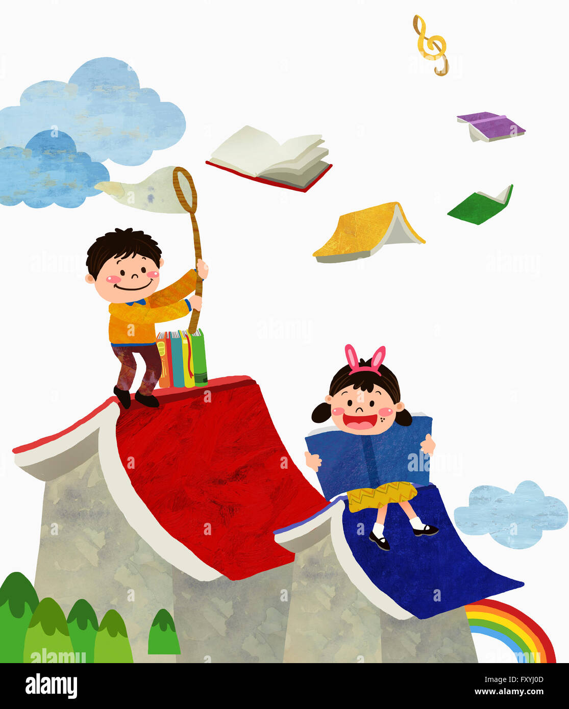 Smiling boy and girl with books Stock Photo - Alamy