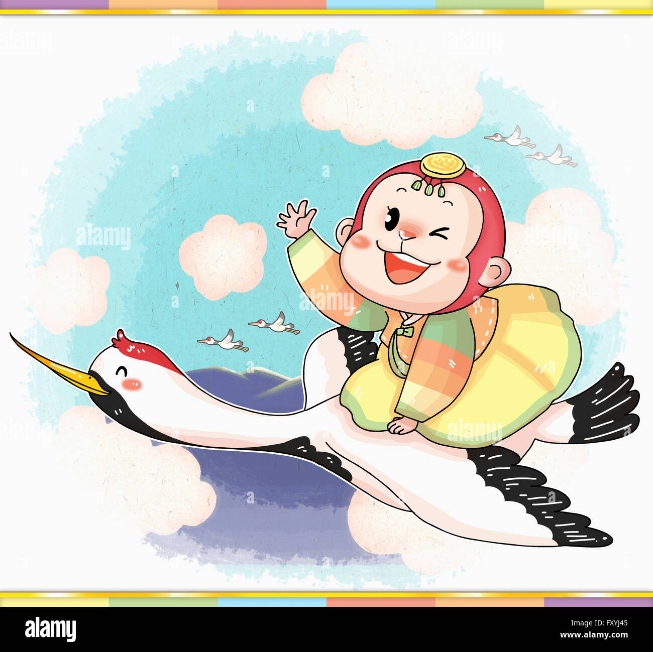 Monkey in traditional Korean clothes winking waving hand on a flying ...