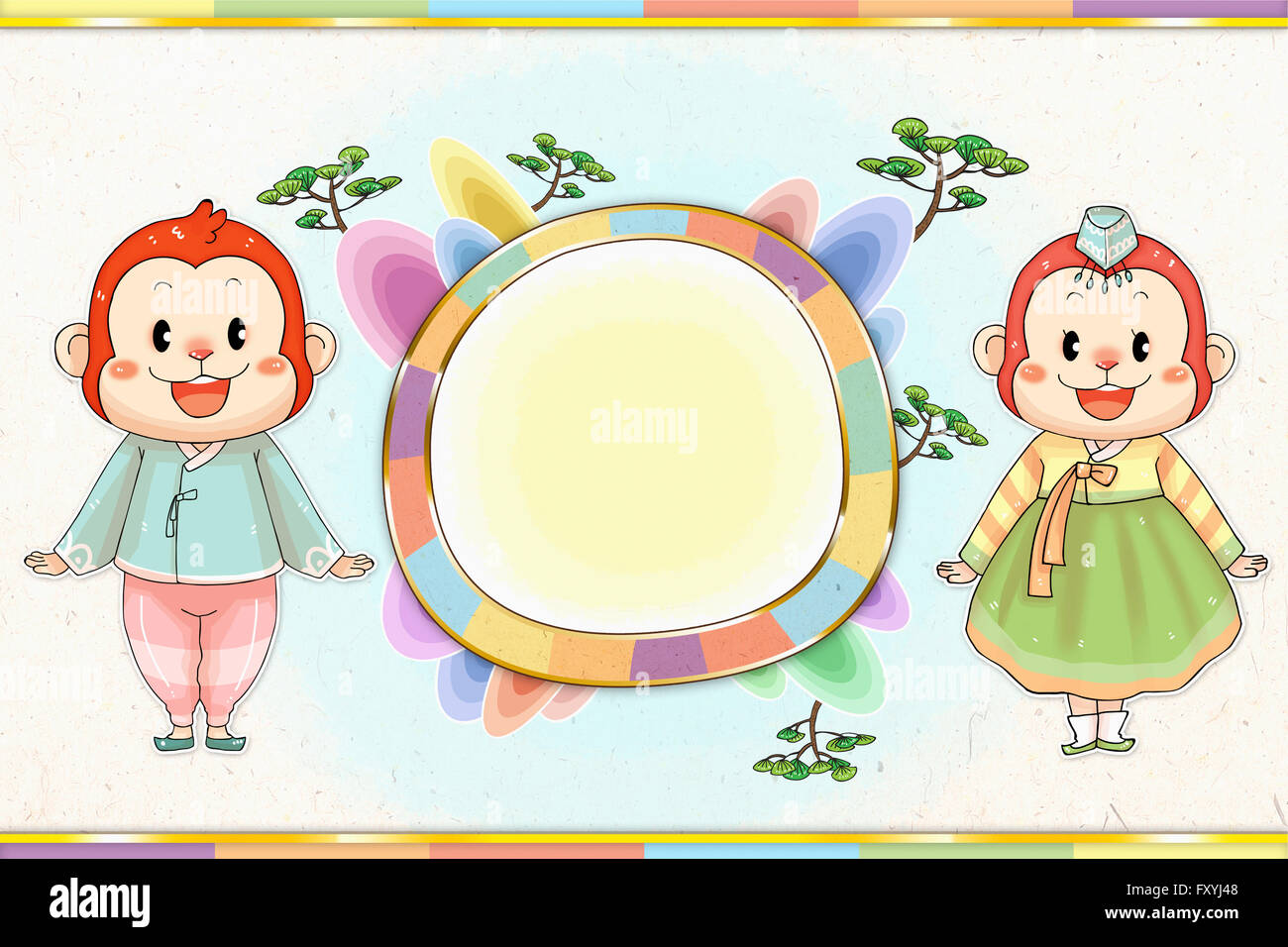 Frame with two smiling monkeys in traditional Korean clothes Stock ...