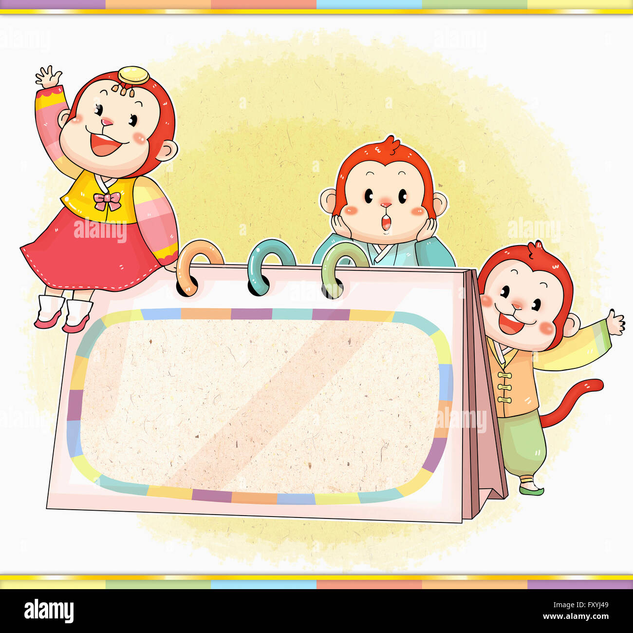 Three smiling monkeys in traditional Korean clothes with calendar Stock ...