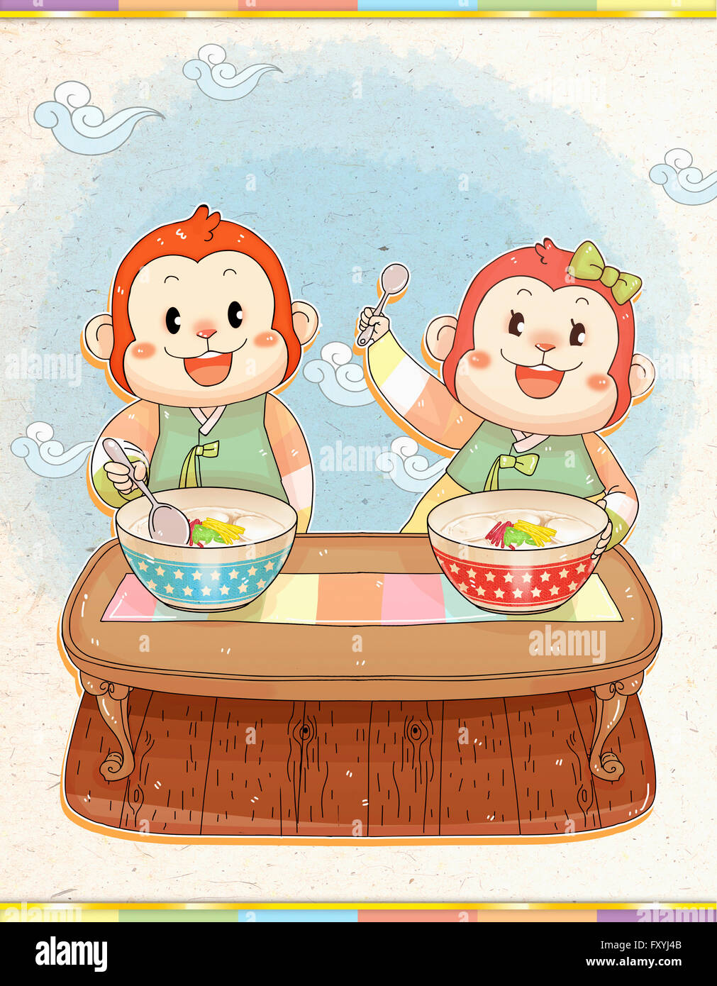 Two smiling monkeys in traditional Korean clothes eating rice cake soup ...