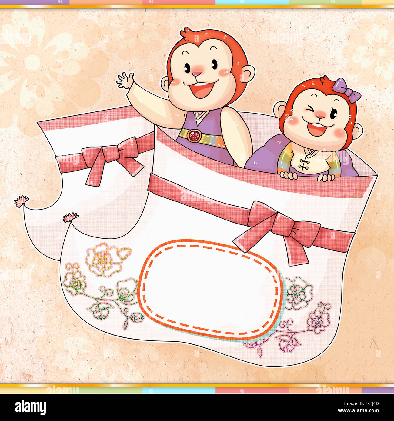 Two monkeys in traditional Korean clothes in beoseon, Korean socks ...