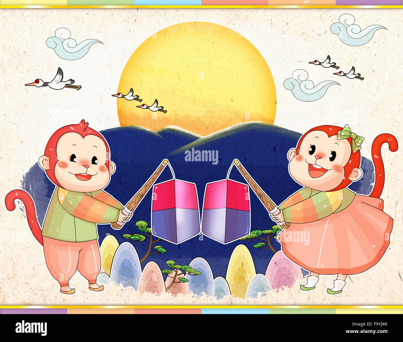 New year with two smiling monkeys in traditional Korean clothes holding ...