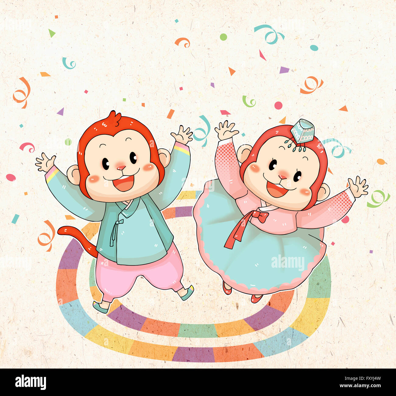 New year with two smiling monkeys in traditional Korean clothes raising ...