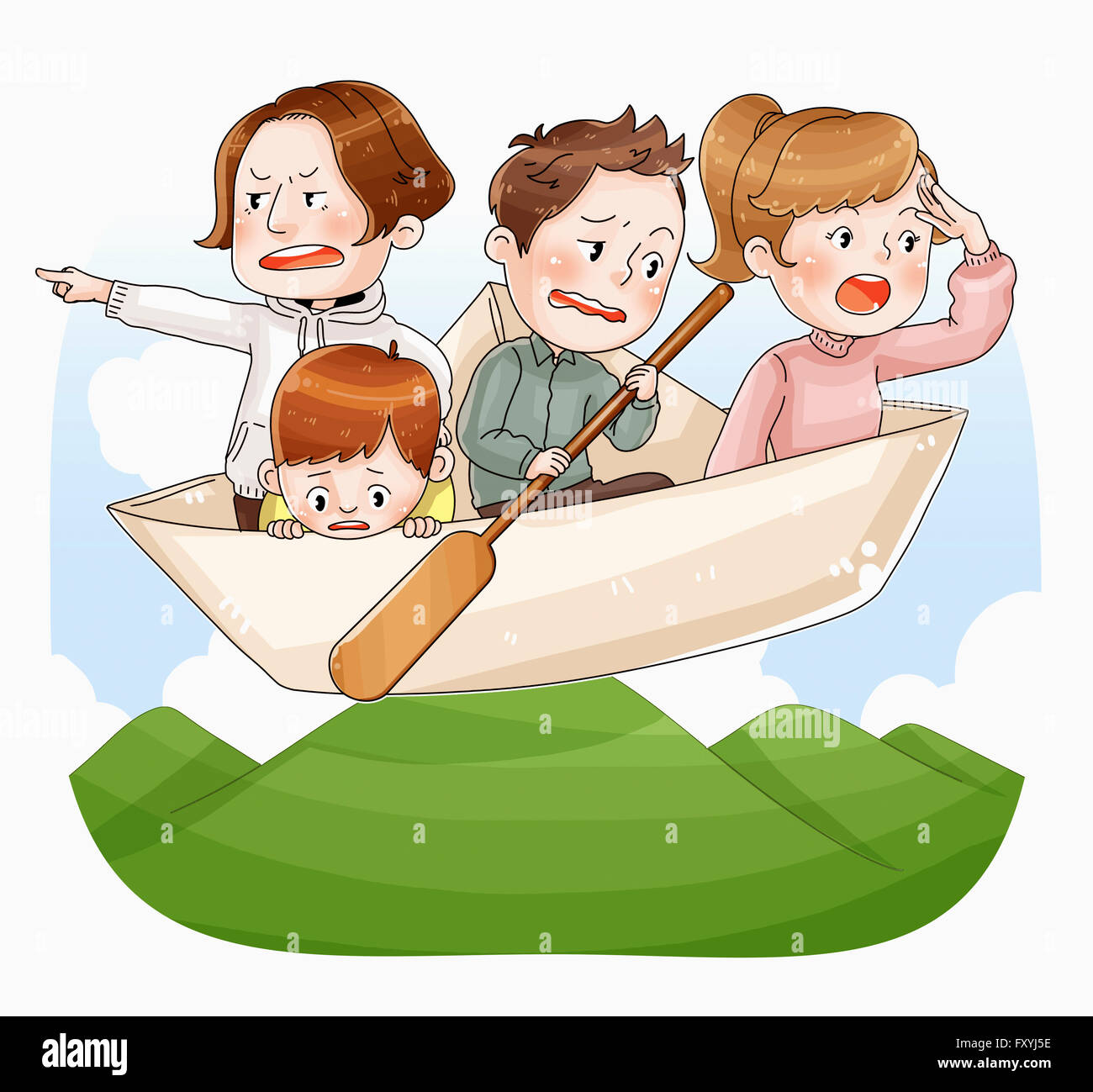 Four people looking embarrassed in a boat with a row over a mountain ...