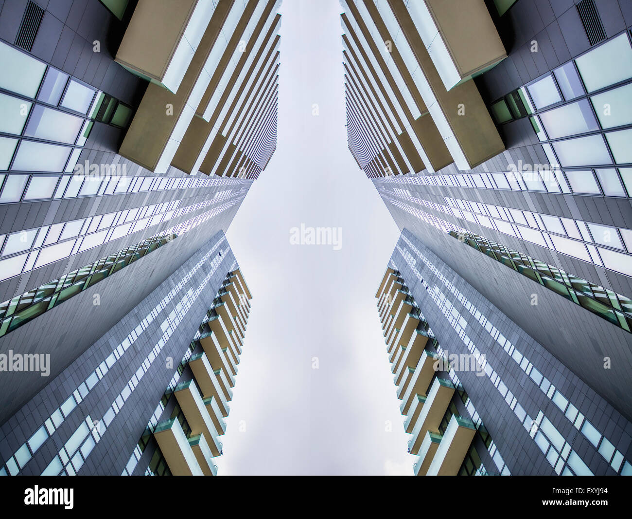 Two modern building or skyscrapers facing each other, from below ...