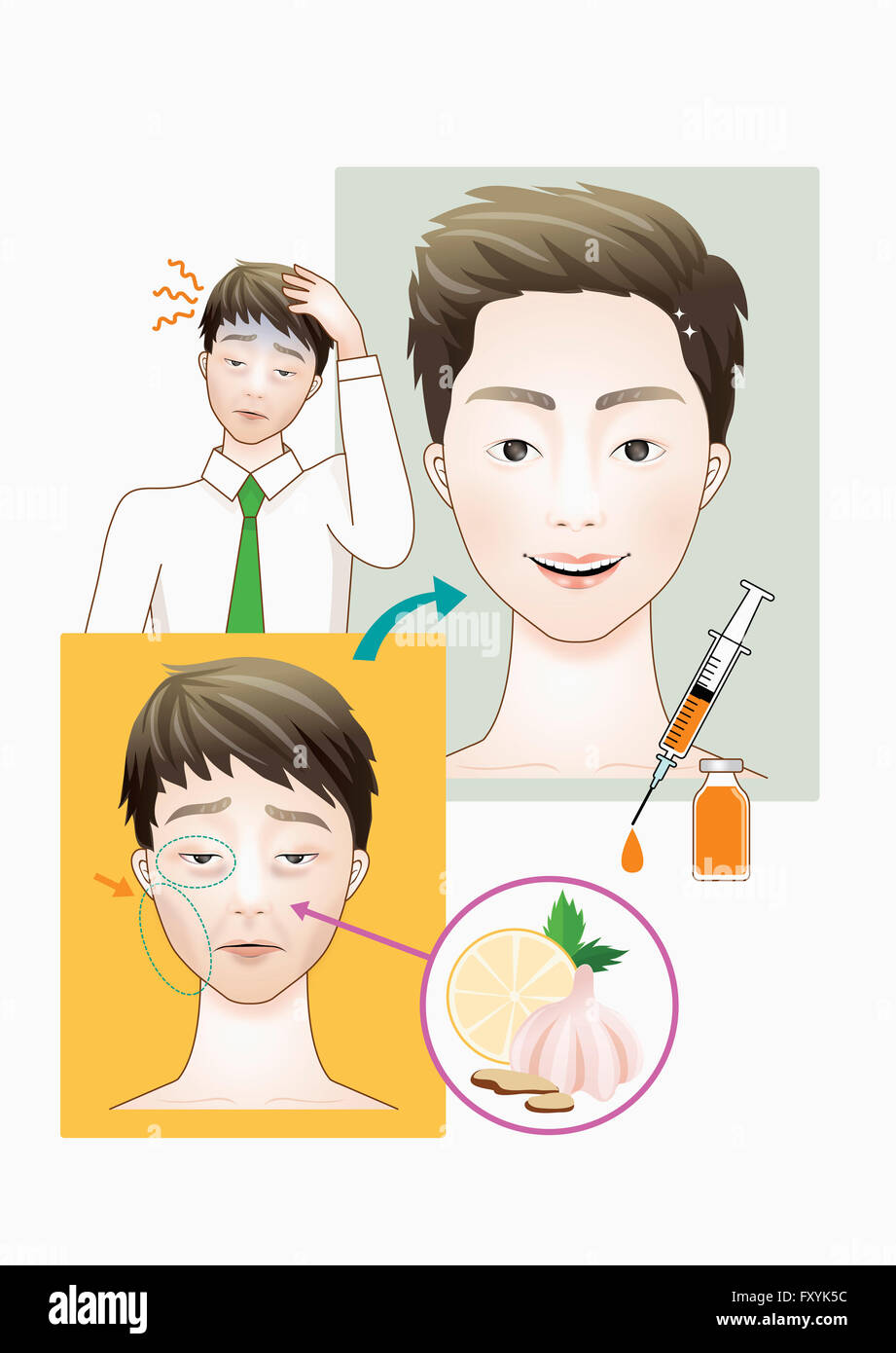 Illustration representing tiredness treatment with garlic and orange ...