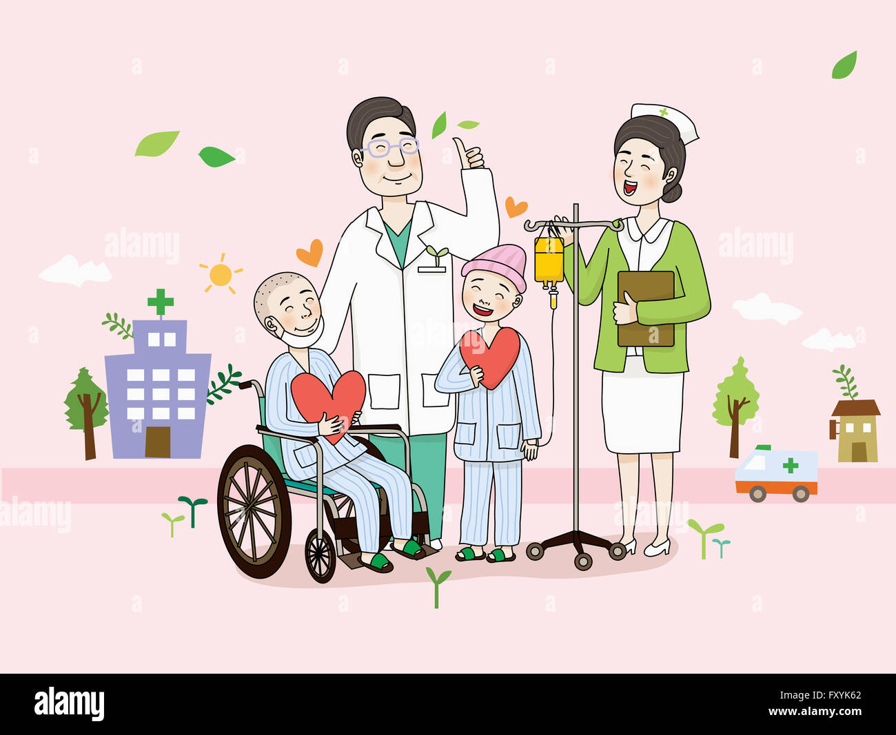 Illustration representing doctor and a nurse helping patients with love ...