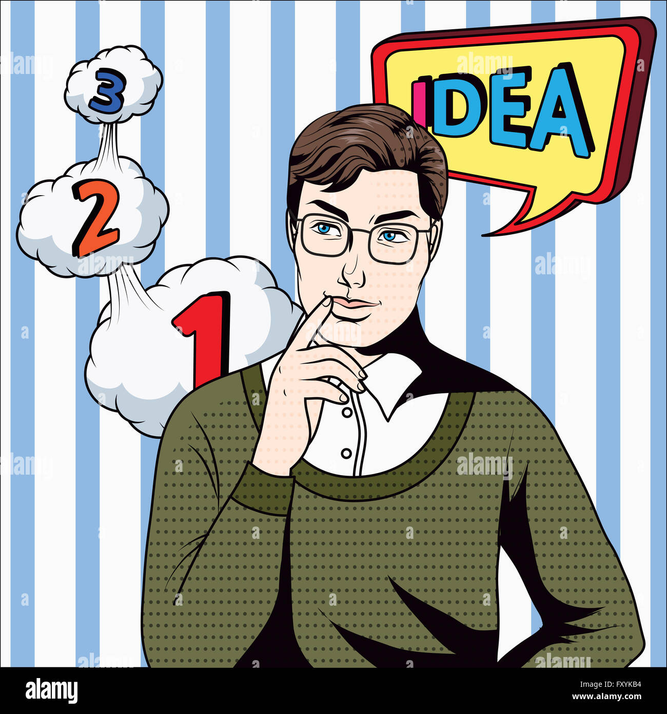 Pop art illustration of a man in glasses representing Idea and process ...