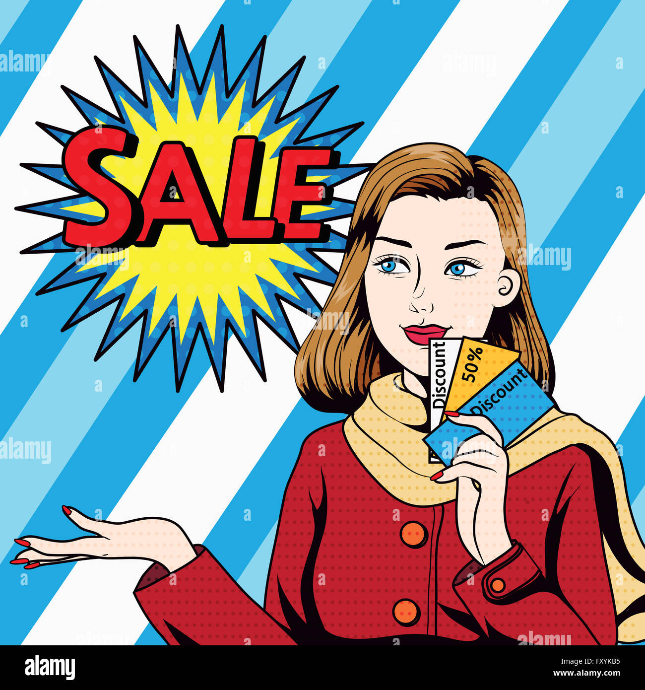 Pop art illustration of a woman holding coupon representing sale Stock ...