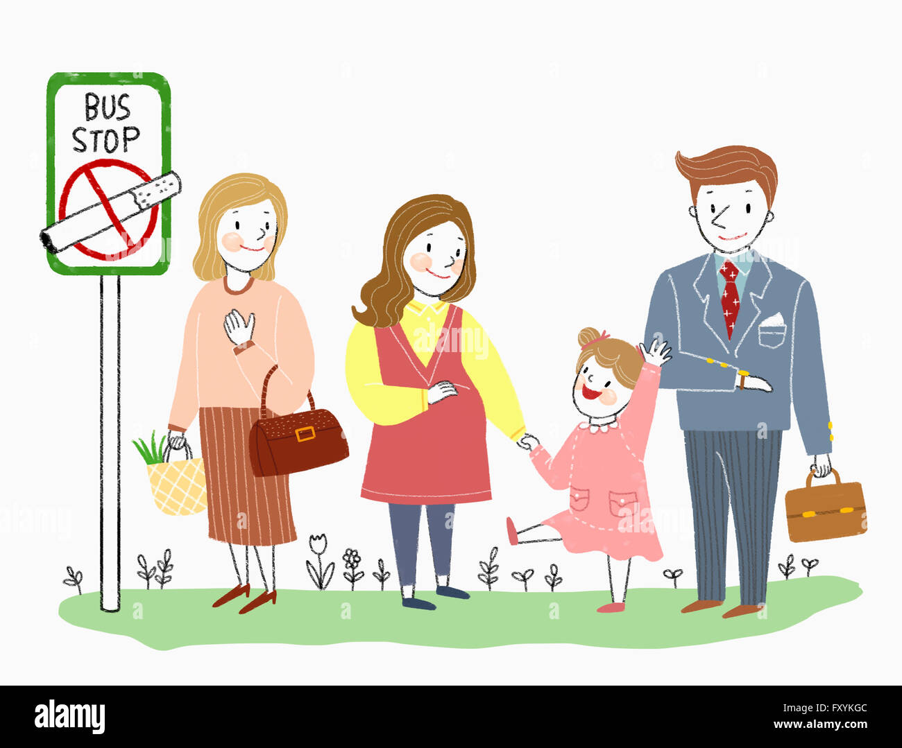 Smoke free sign at the bus stop and people being happy in illustration ...