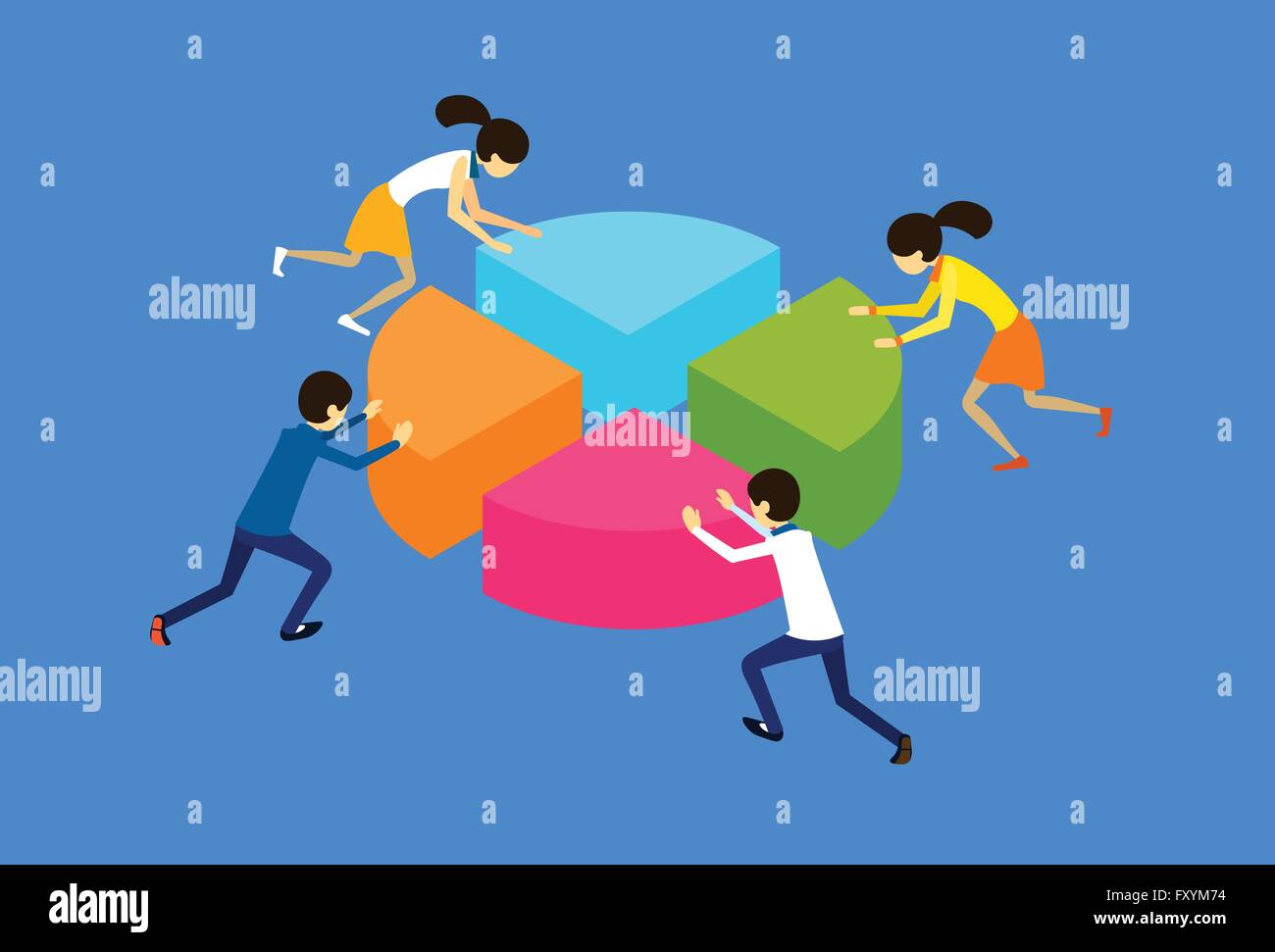 Business People Group Pushing Part Element Pie Diagram Teamwork Stock ...