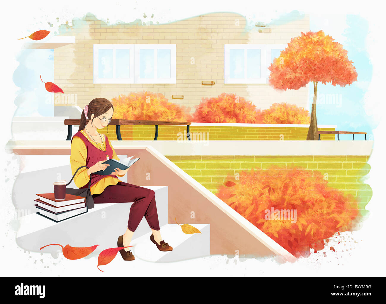 Woman reading a book outside in watercolor illustration representing ...