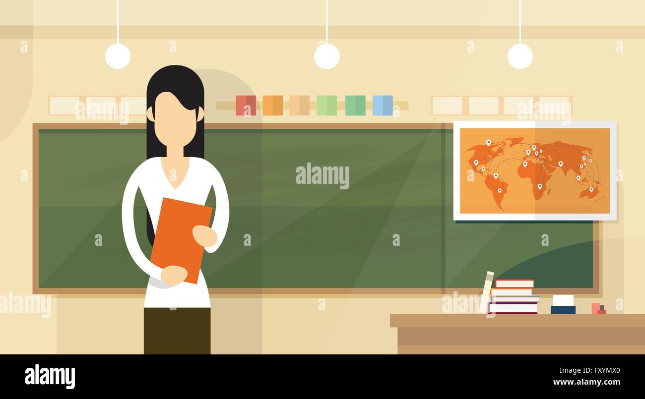 Teacher Over Class Board Classroom Woman With Book Lesson Flat Design ...