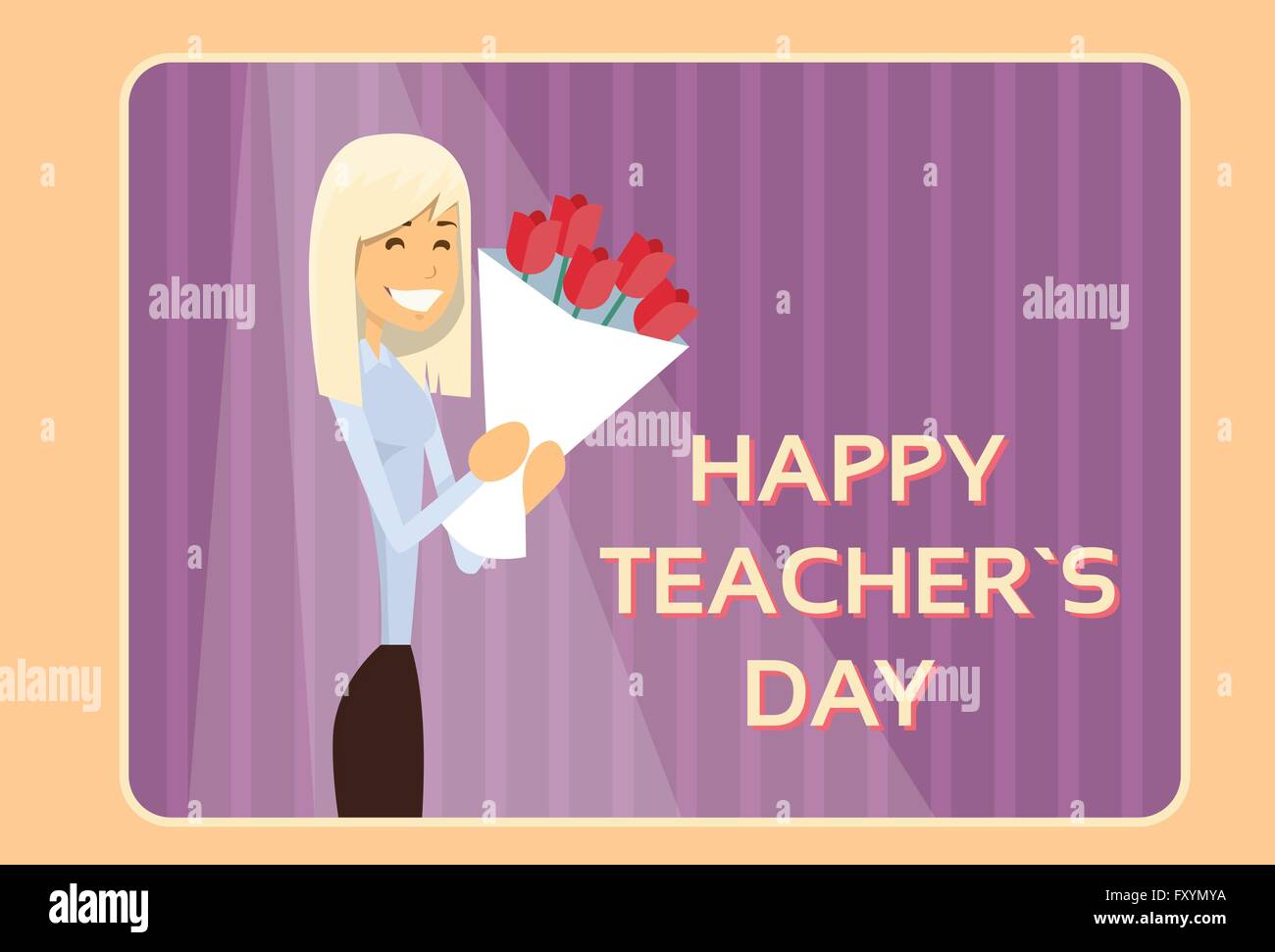 Woman Hold Rose Flower Bouquet Teacher Day Holiday Greeting Card Stock ...