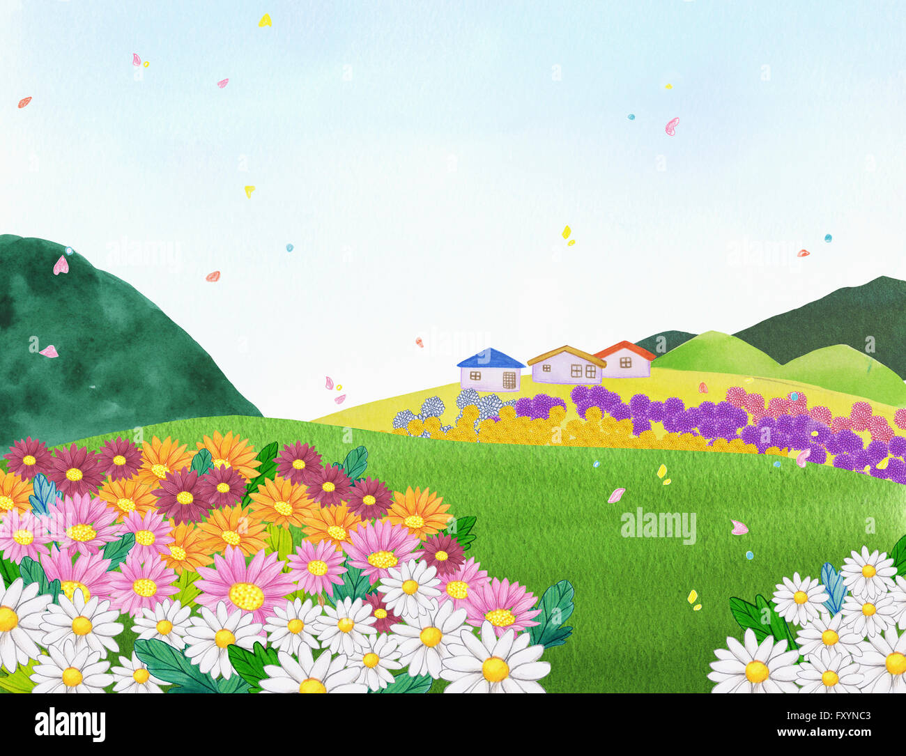 Watercolor illustration representing flower field in fall Stock Photo ...