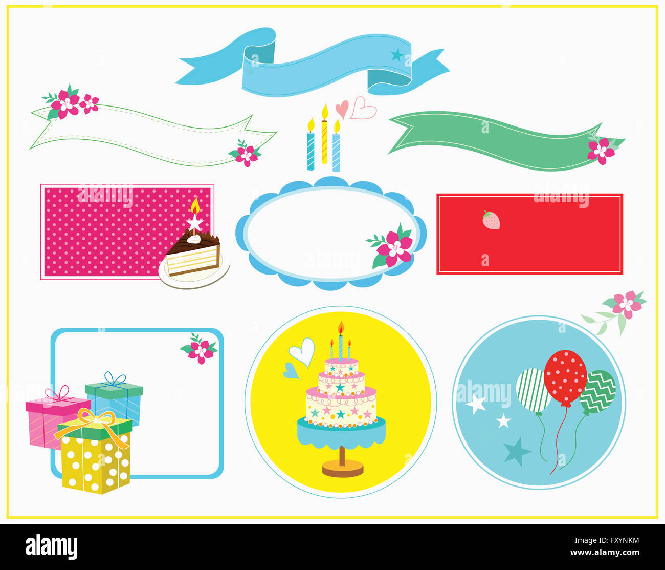 Various label design related to birthday party related objects in ...