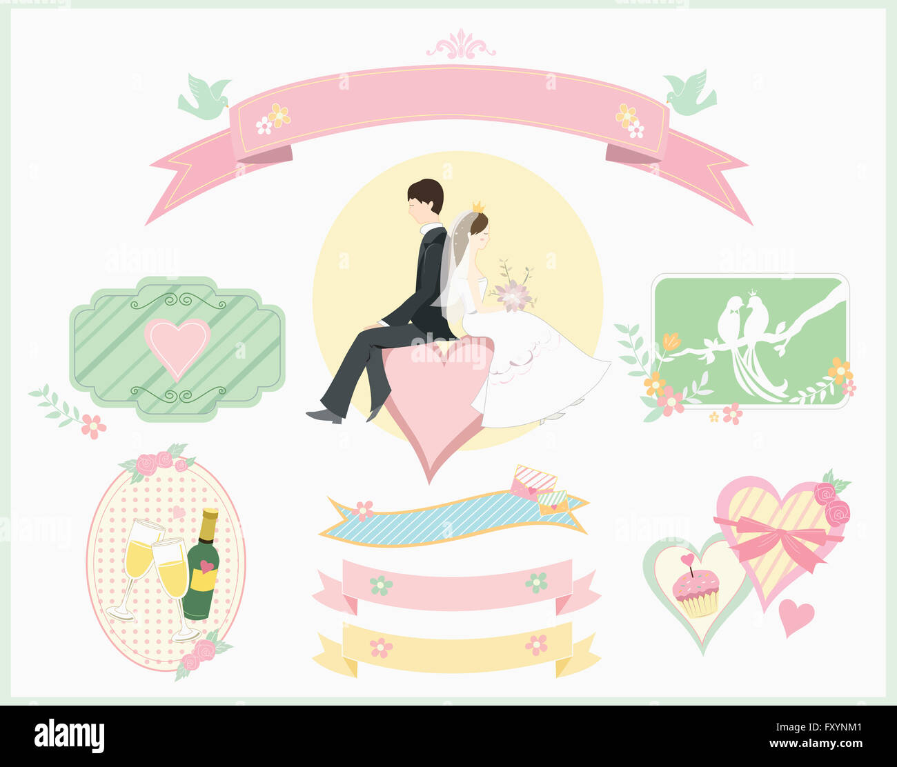 Various label design related to wedding related images in illustration ...