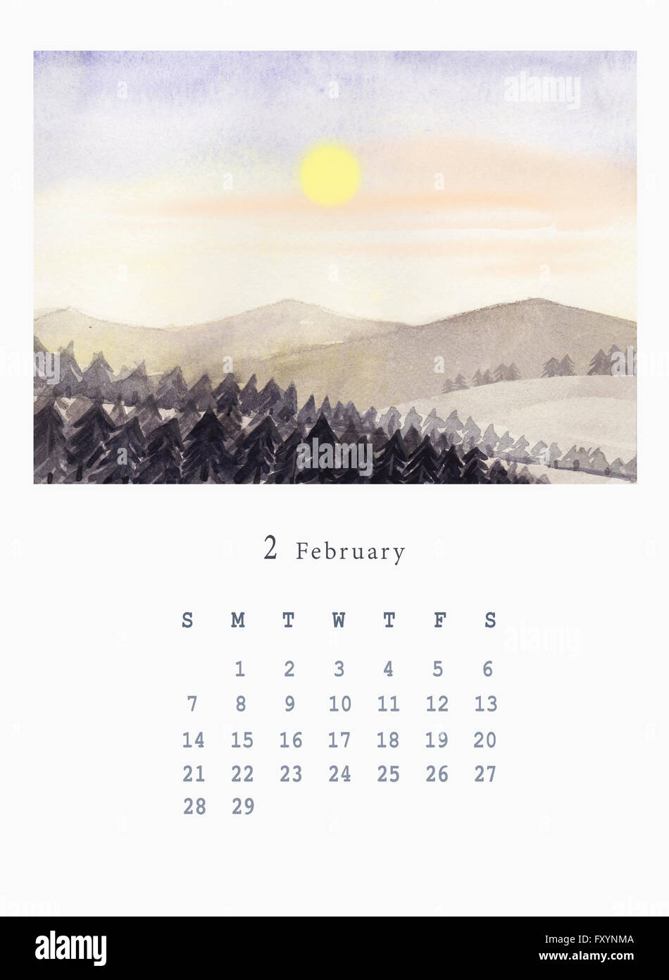 Calendar design with nature image for February in illustration Stock ...