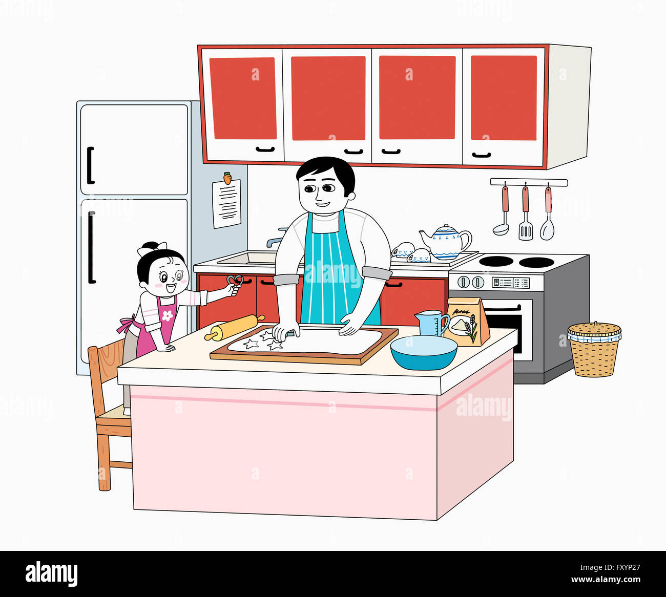 Father cooking for his daughter representing fatherhood in illustration ...