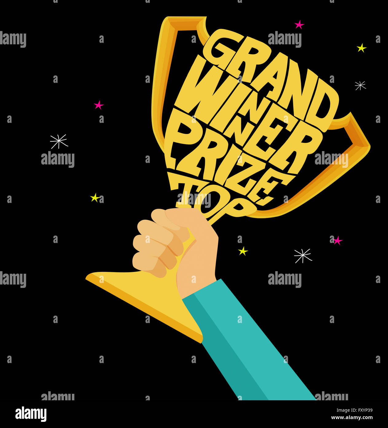 Hand holding a trophy in typography effect representing grand winner ...