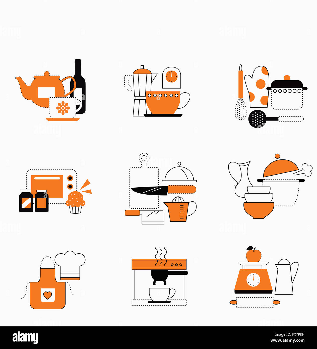 Various icons related to kitchen and cooking in orange color Stock ...