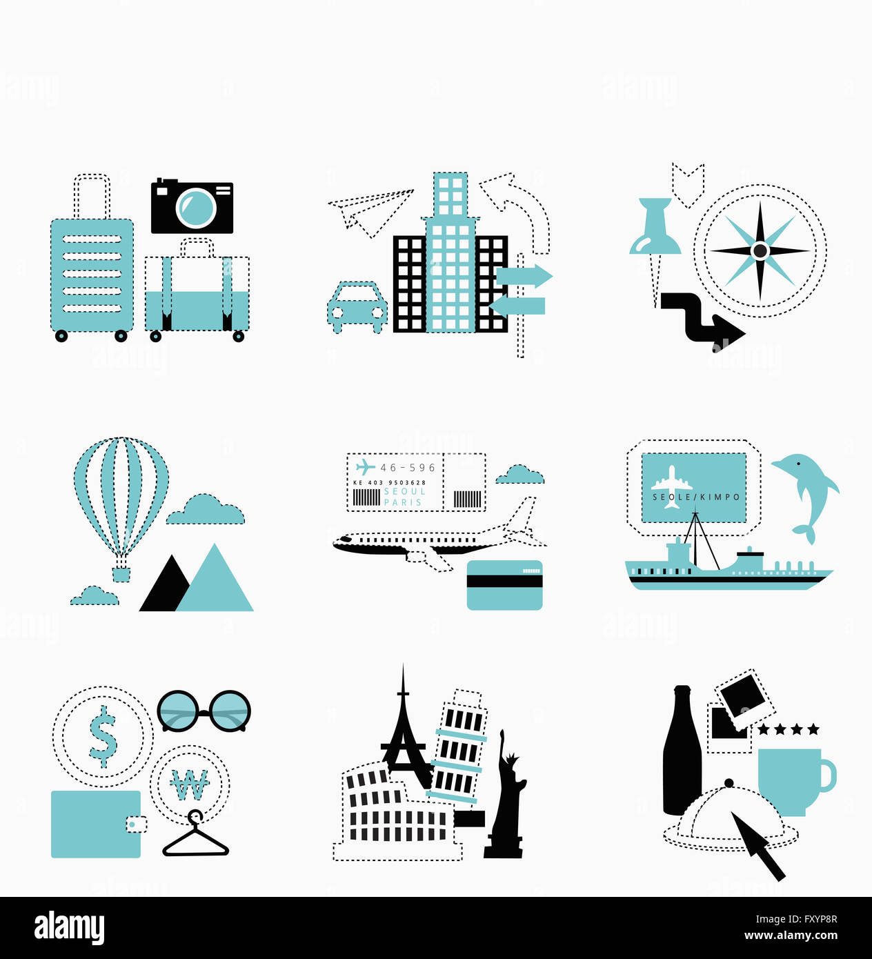 Various icons related to travel in blue color Stock Photo - Alamy