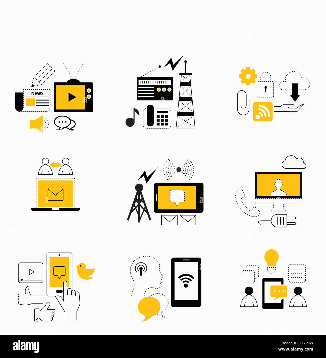 Various icons related to communication in yellow color Stock Photo - Alamy