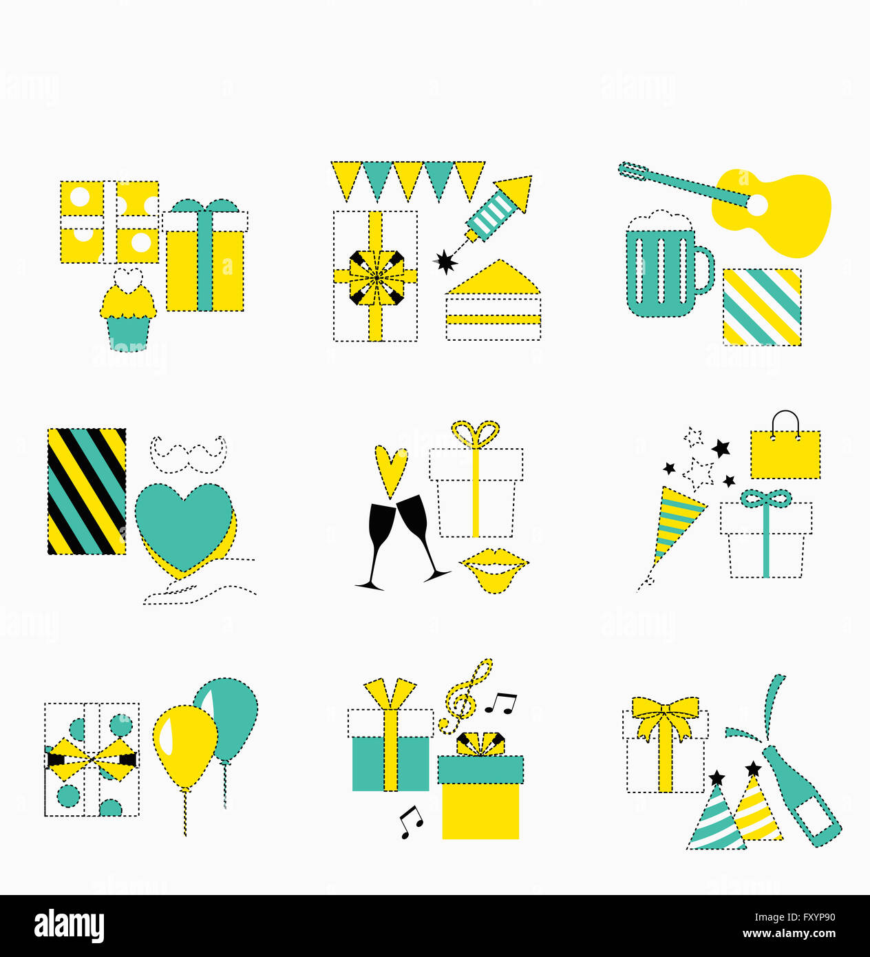 Various icons related to party in yellow and green color Stock Photo ...