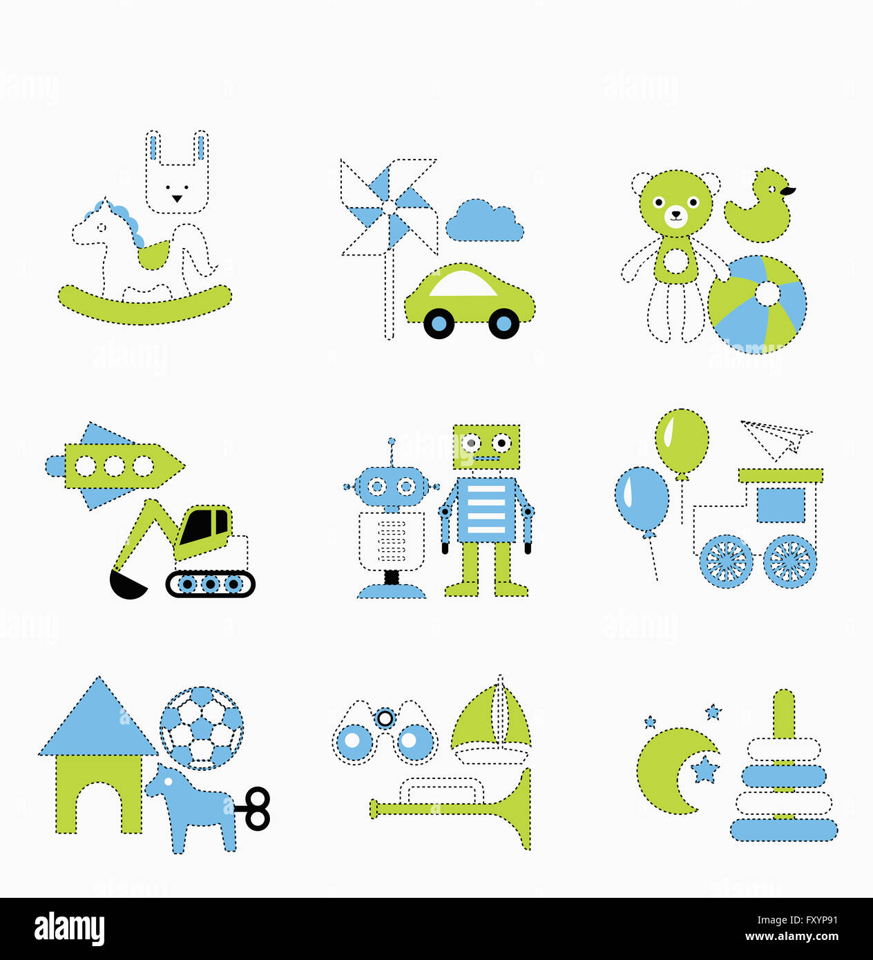 Various icons related to baby toys in blue and green color Stock Photo ...