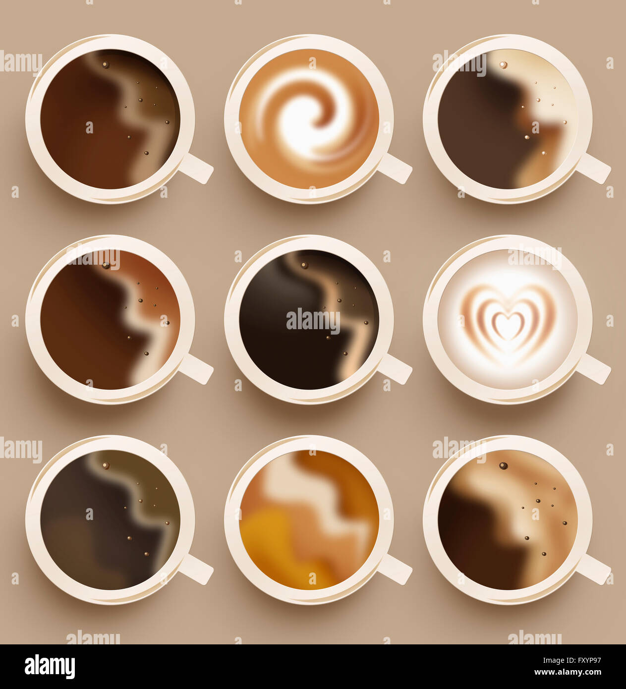 High angle of different types of coffee in illustration Stock Photo - Alamy