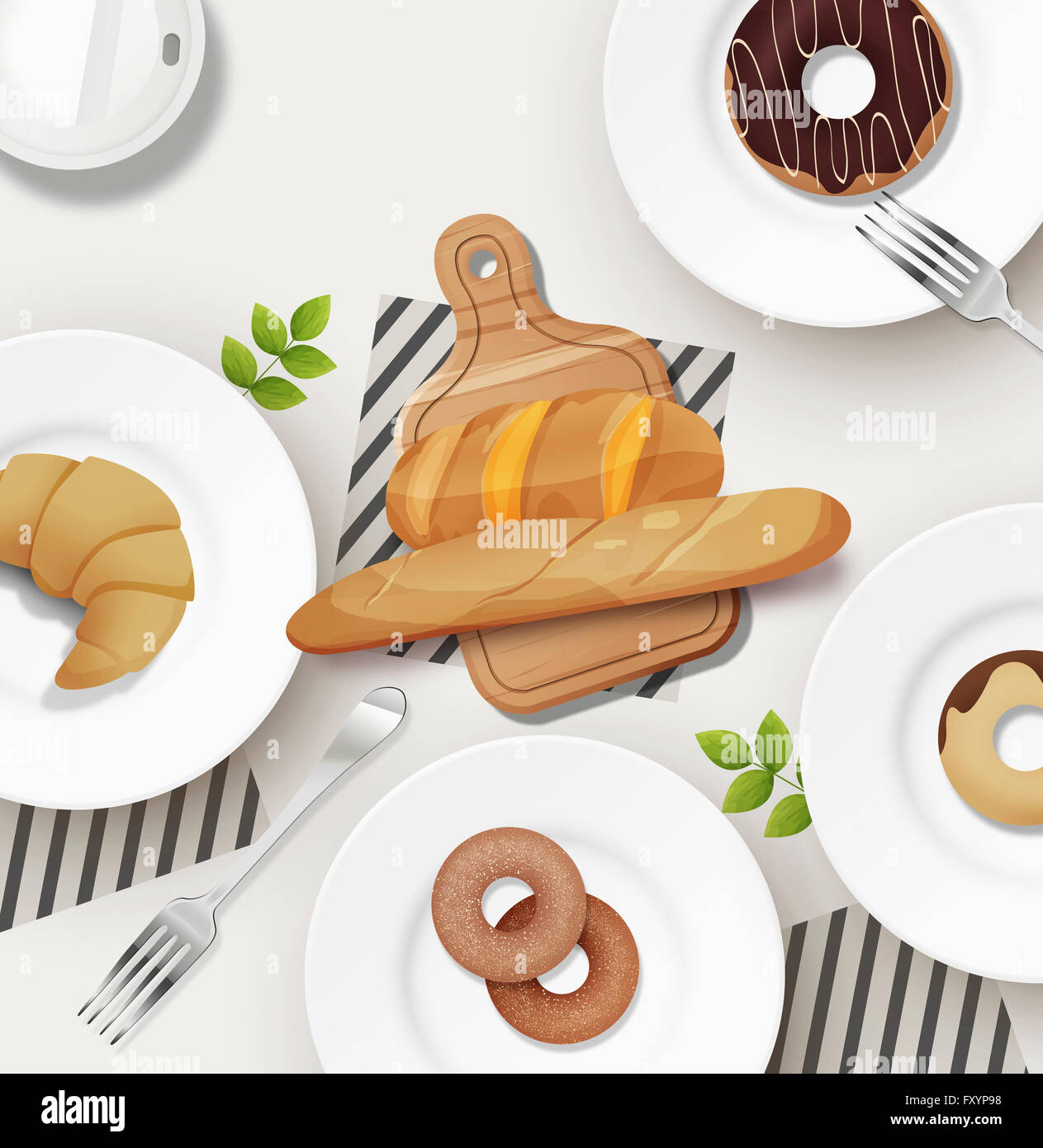 High angle of a set of various bread in illustration Stock Photo - Alamy