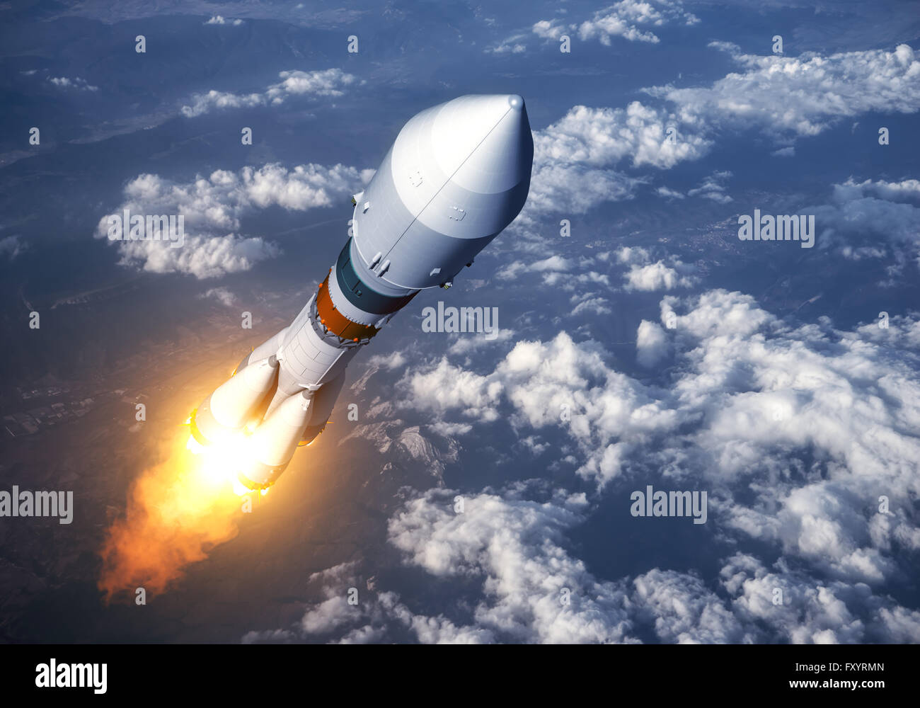 Cargo Carrier Rocket Launch In The Clouds. 3D Scene Stock Photo - Alamy