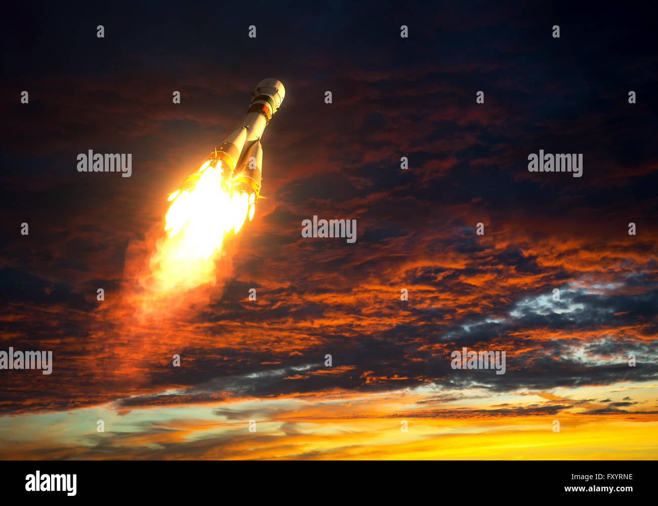 Carrier Rocket Takes Off On A Background Of Red Clouds. 3D Scene Stock ...