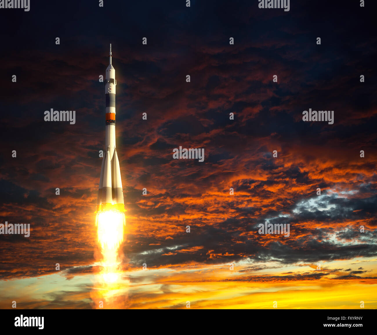 Carrier Rocket On A Background Of Red Clouds. 3D Scene Stock Photo - Alamy