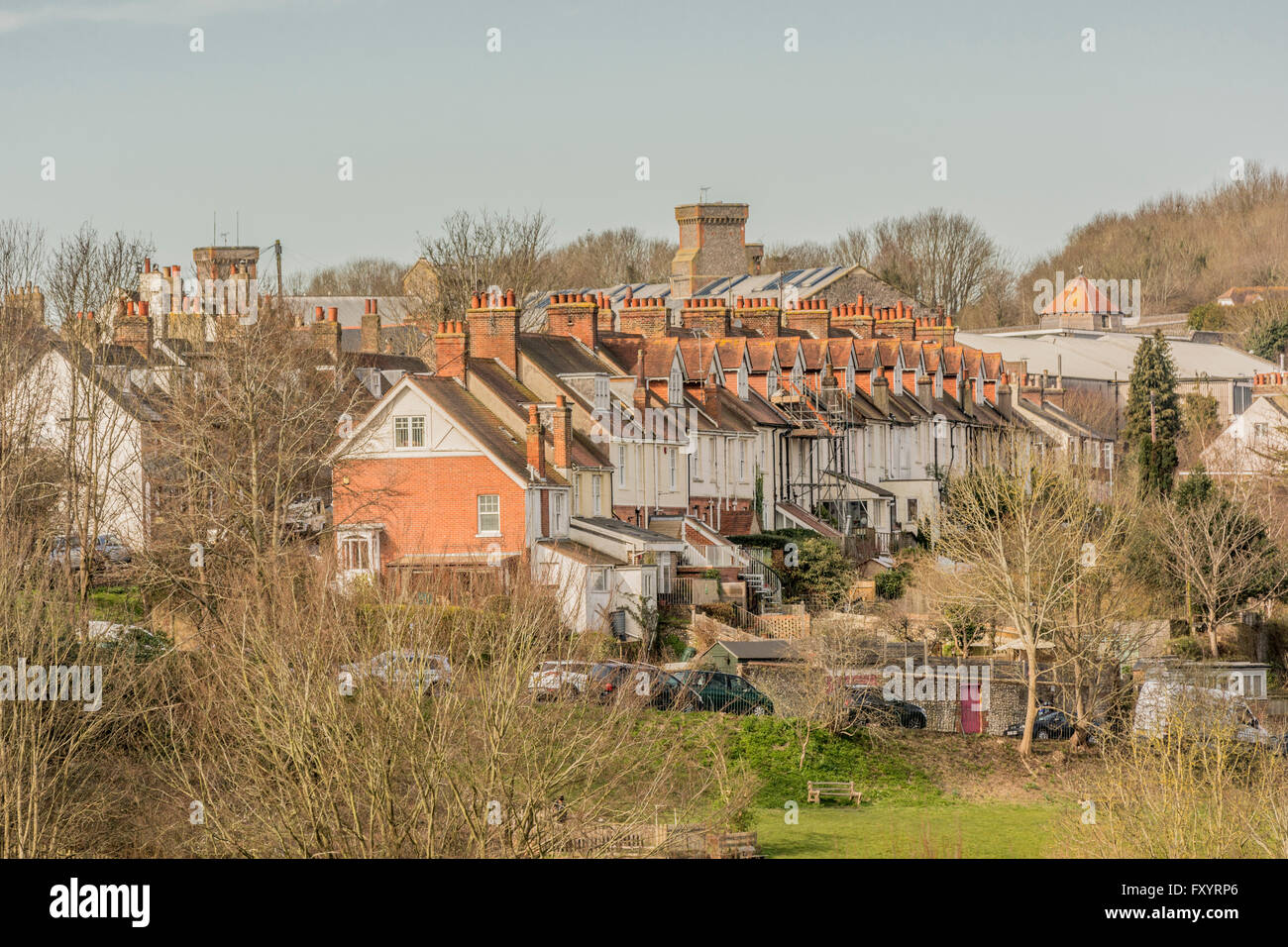 Urban housing and back gardens - pictured here in Lewes, East Sussex ...