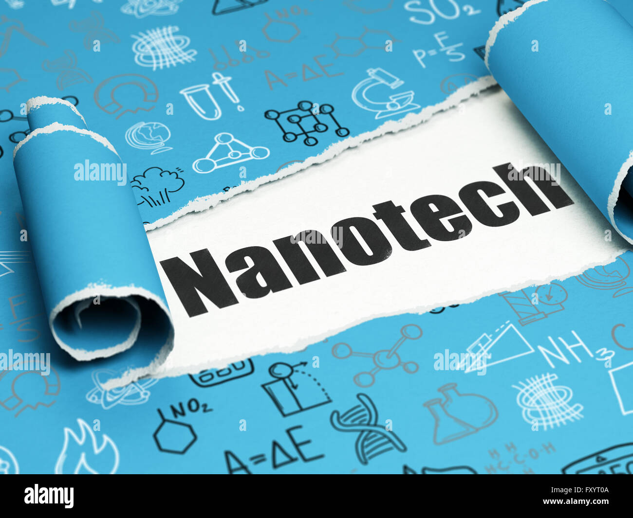 Science concept: black text Nanotech under the piece of torn paper ...